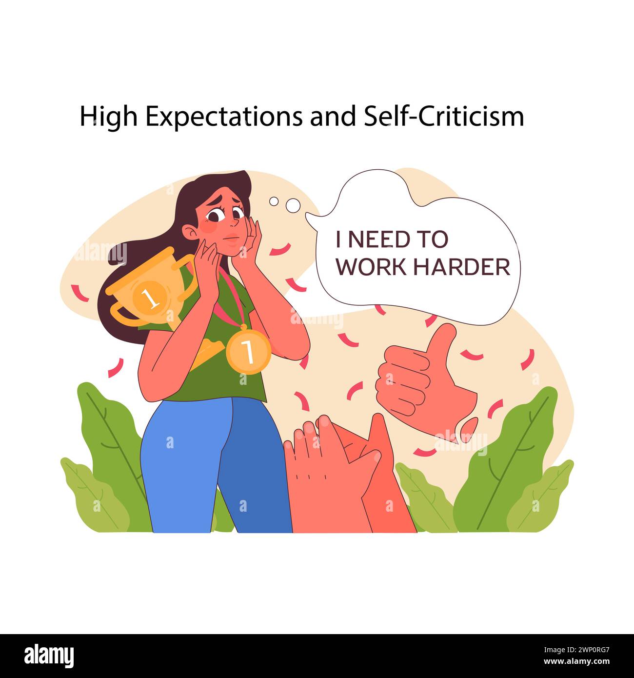 High expectations and self-criticism concept. Woman with medal and ...