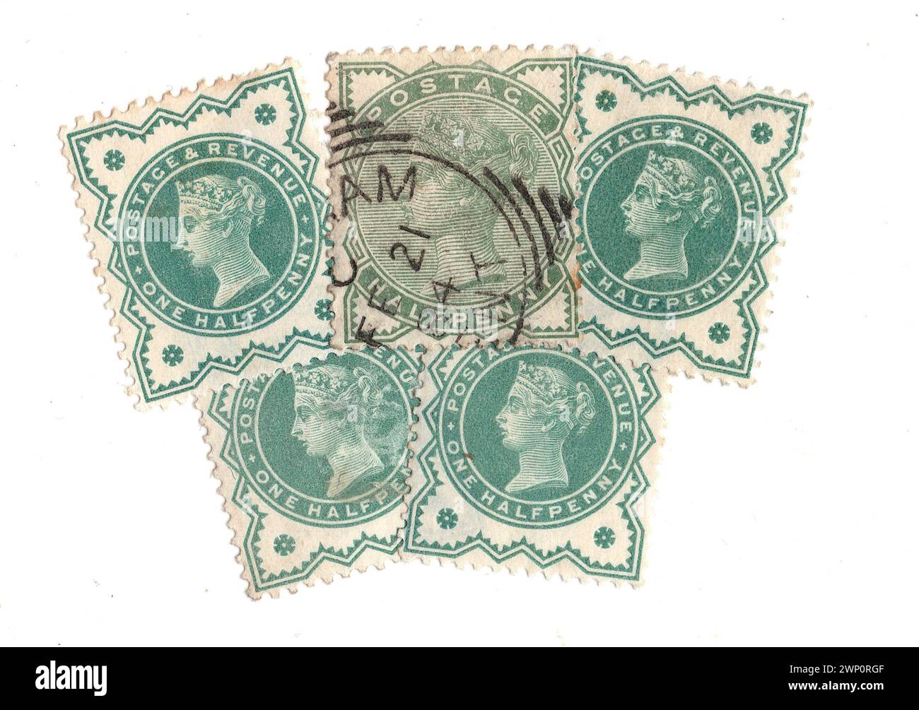 A montage of vintage Queen Victoria halfpenny postage stamps from Great ...