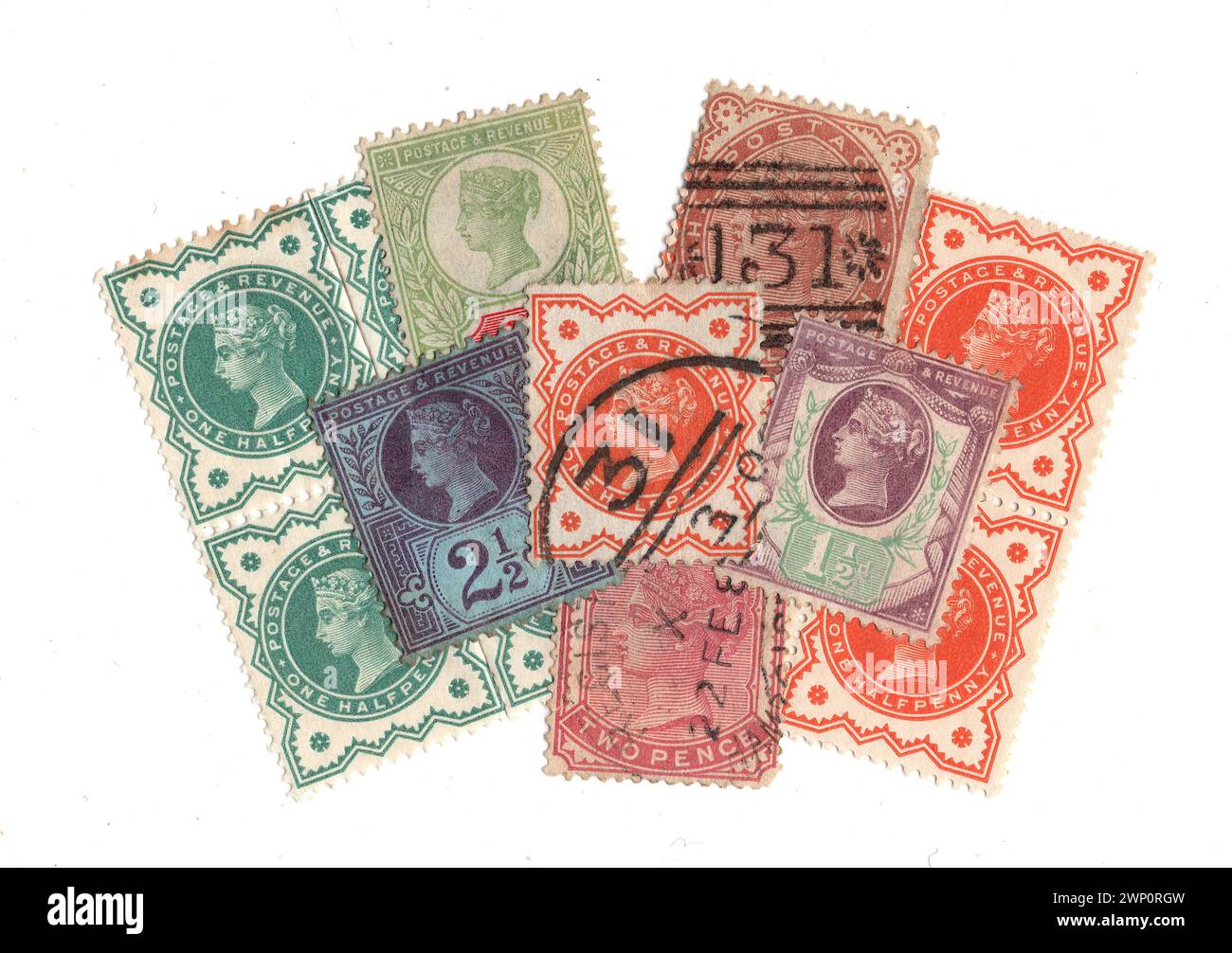A montage of vintage Queen Victoria postage stamps from Great Britain ...