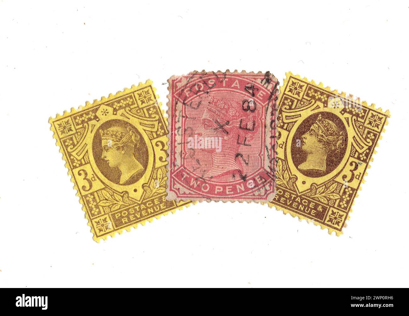 A montage of vintage Queen Victoria postage stamps from Great Britain ...