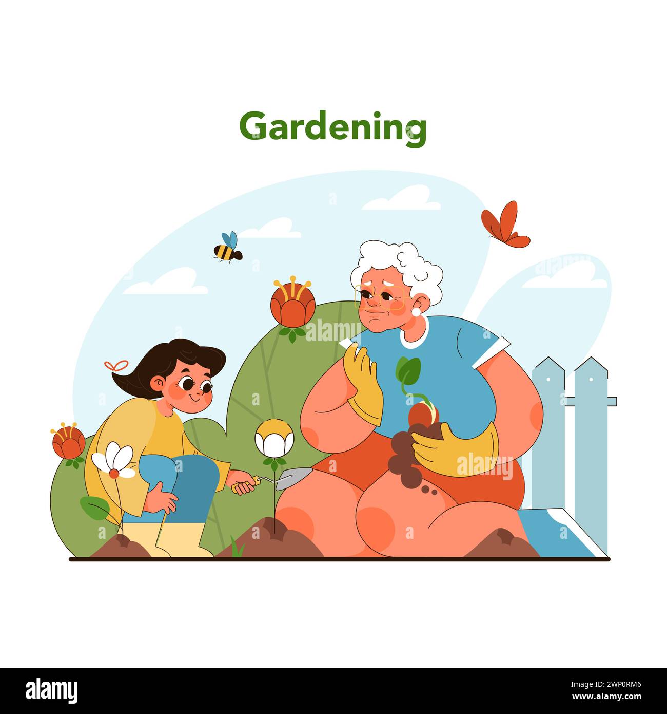 Intergenerational gardening. Young girl and grandparent share tender ...