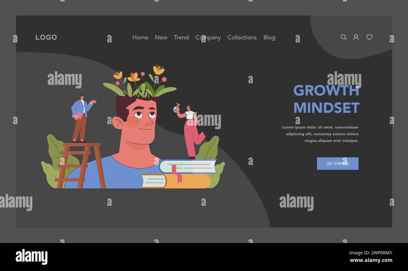 Growth mindset concept. Man and woman watching as flowers grow on persons head. Cultivating ...