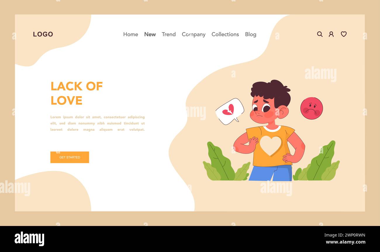 Lack of love web or landing. Young boy expressing sadness and ...