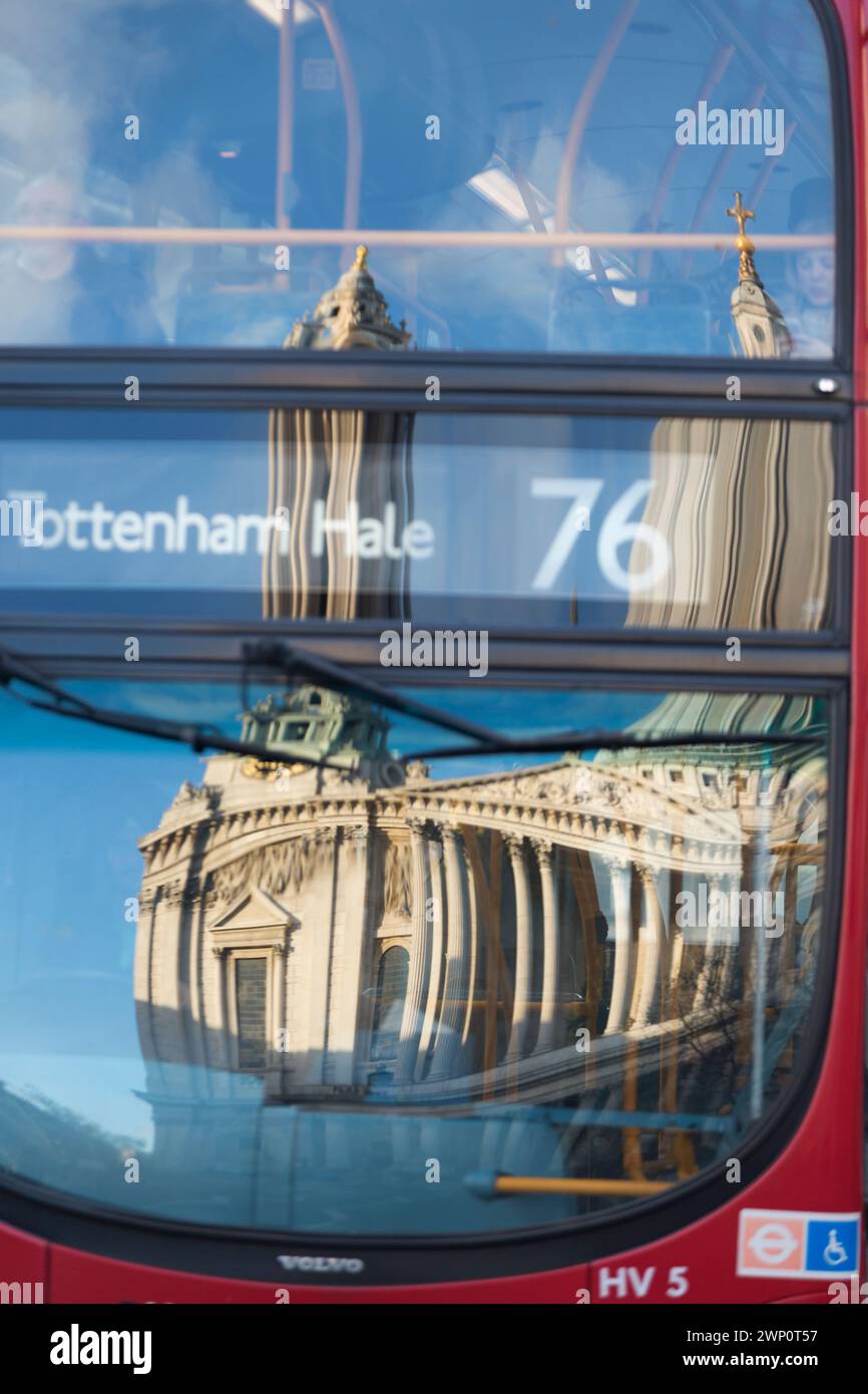 UK, London, Red London bus with reflection of St Paul's Cathedral on ...