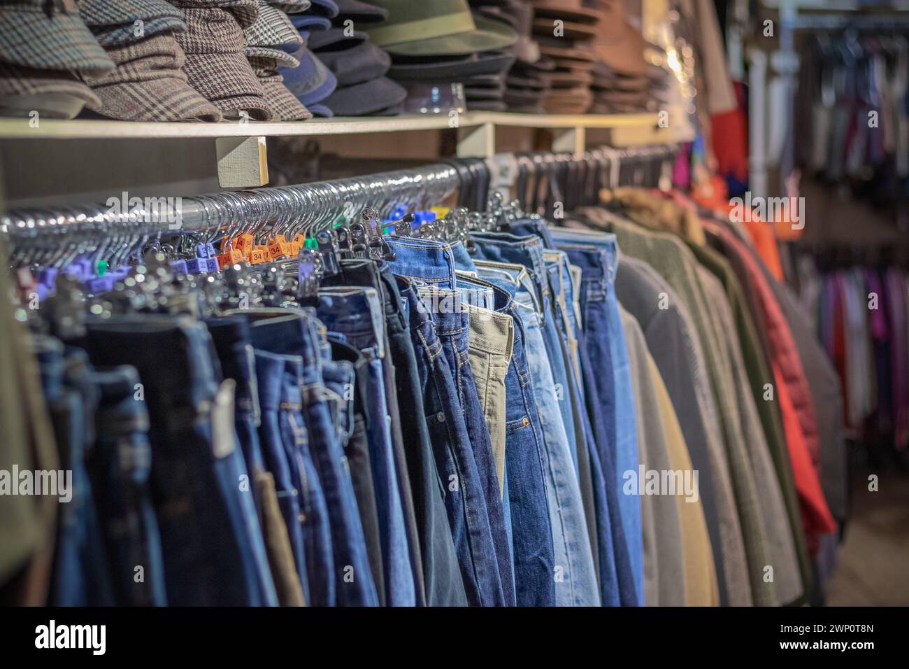 Selection of vintage denim jeans on display at Camden market in London ...