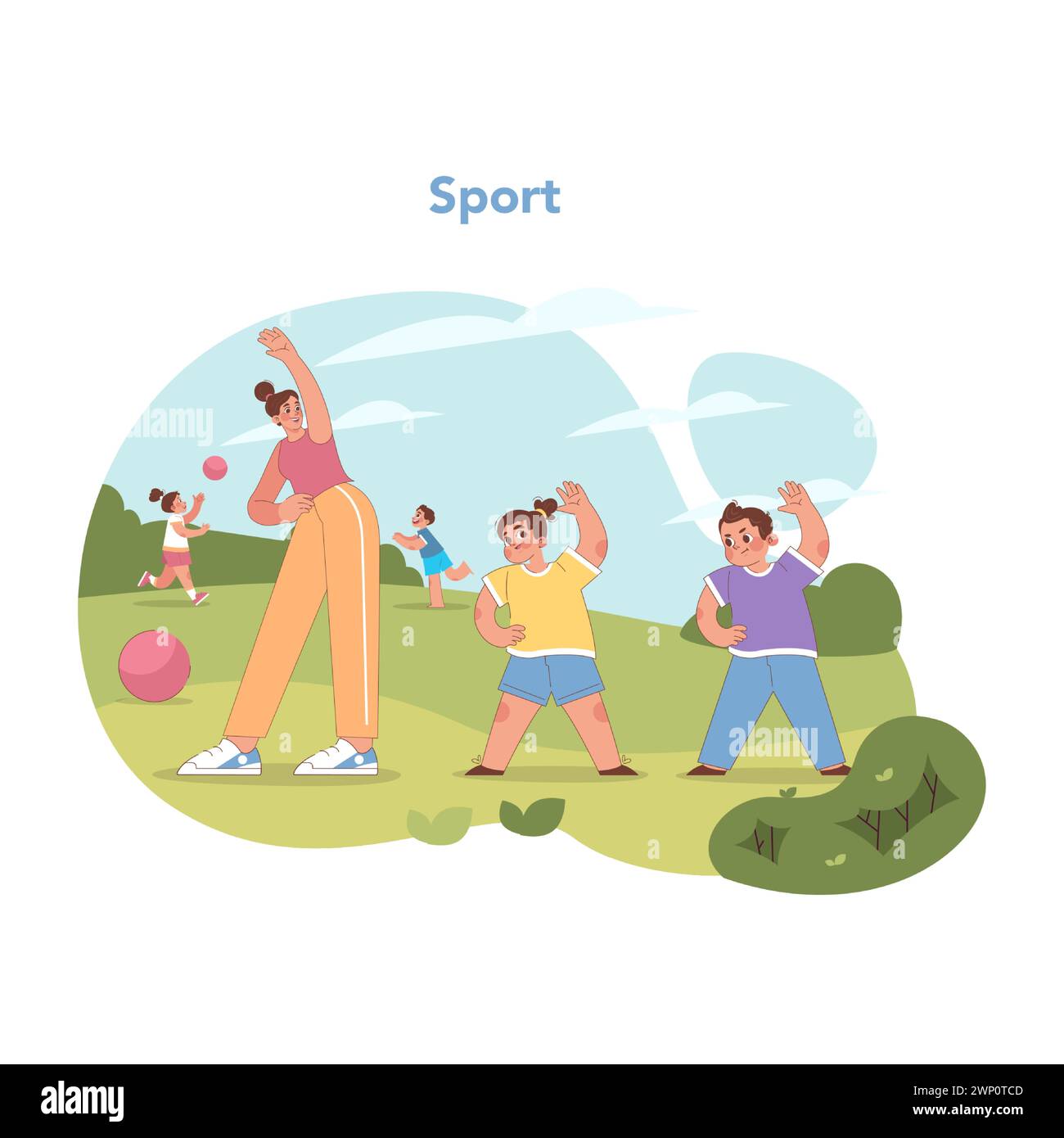 Kindergarten sports day. Energetic children and teachers participating ...