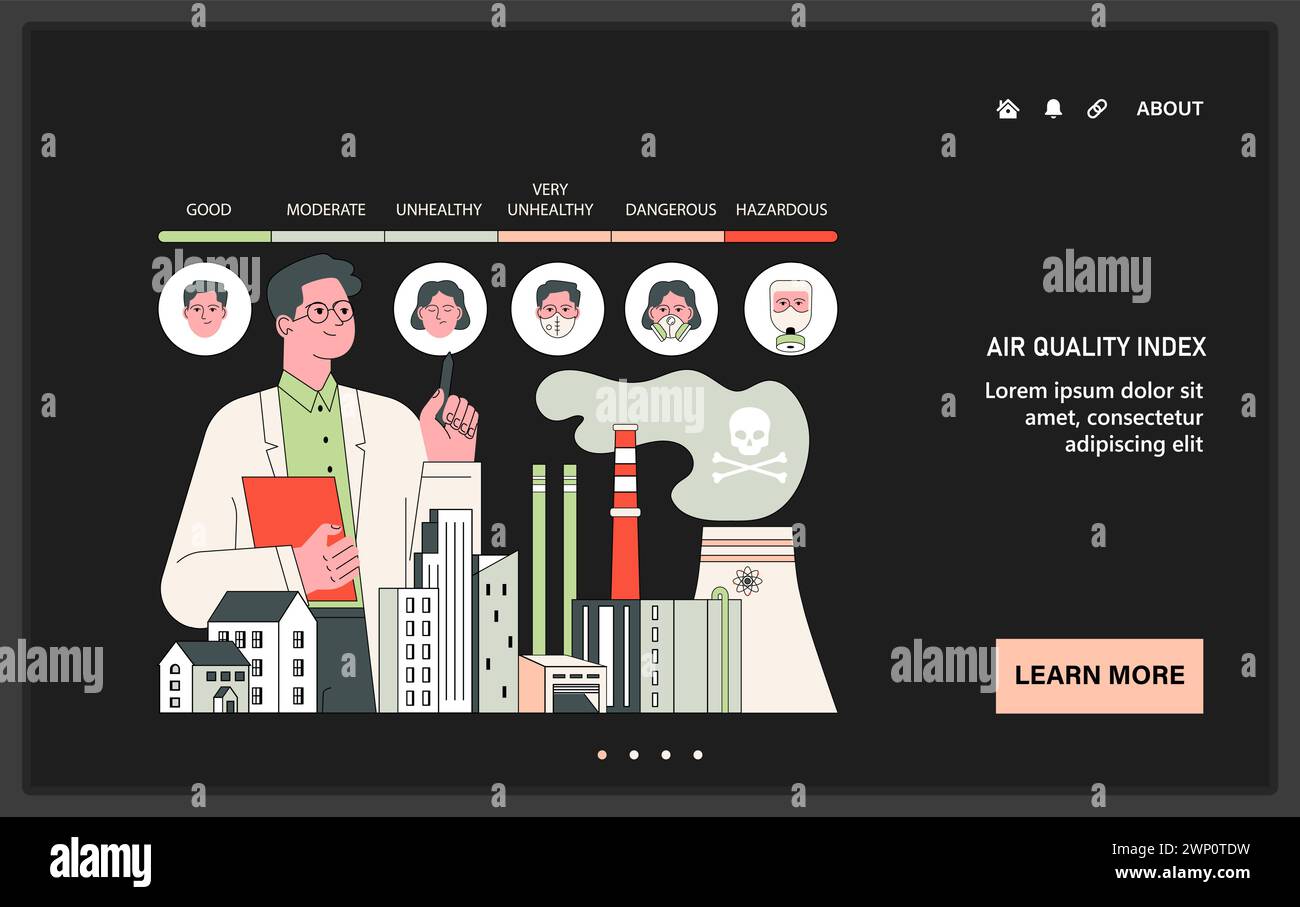 Air pollution index measurement dark or night mode web, landing ...