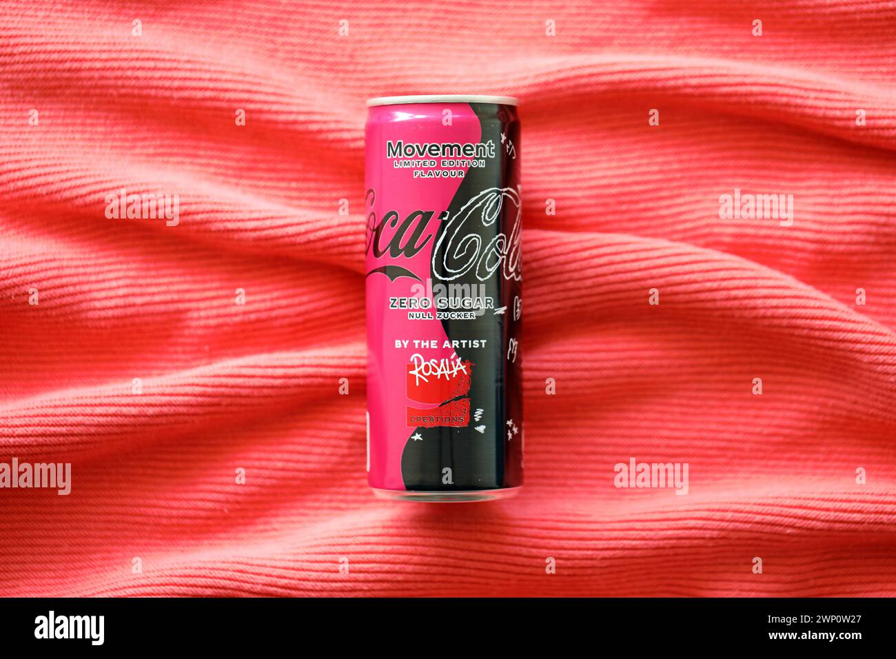 KYIV, UKRAINE - JULY 7, 2023 Coca-Cola zero sugar can with Rosalia ...