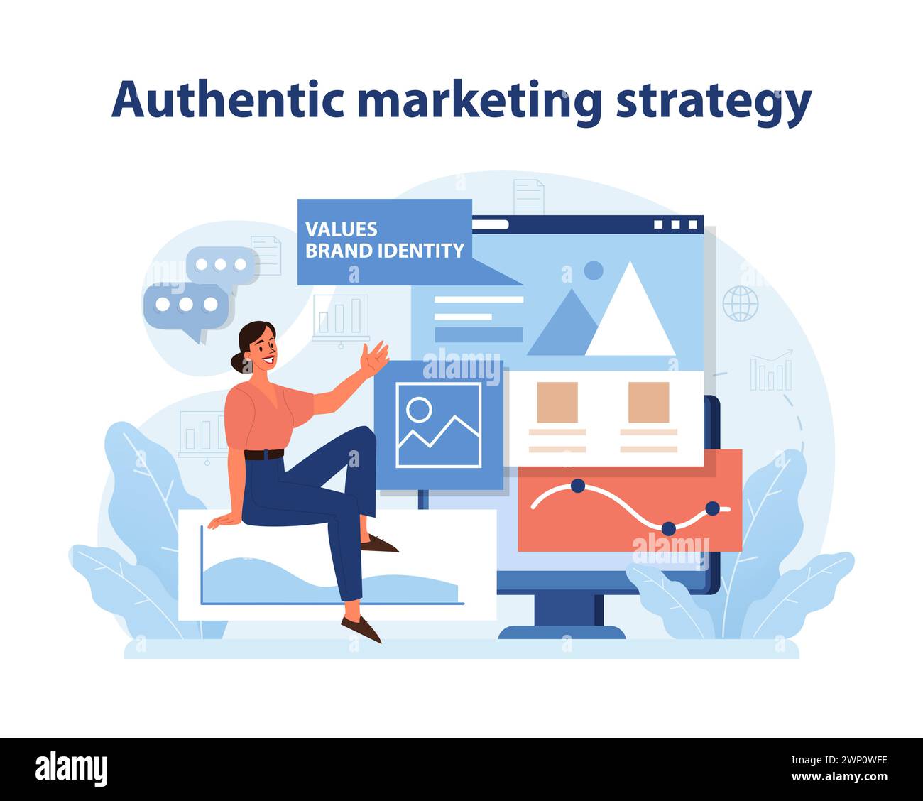 Authentic Marketing Strategy Illustration. A marketer presenting a ...