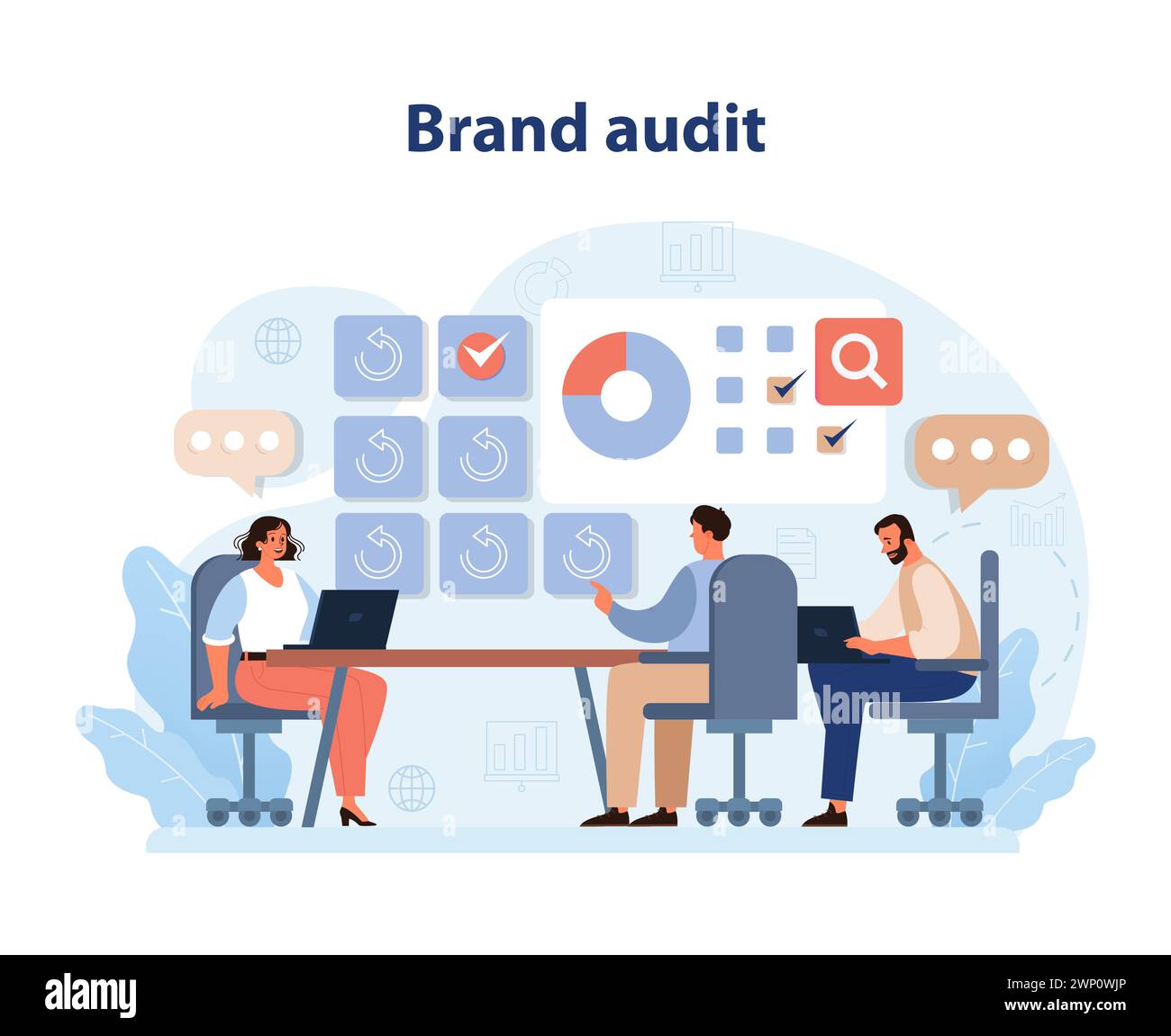 Brand Audit Process. A detailed vector illustration depicting a team ...