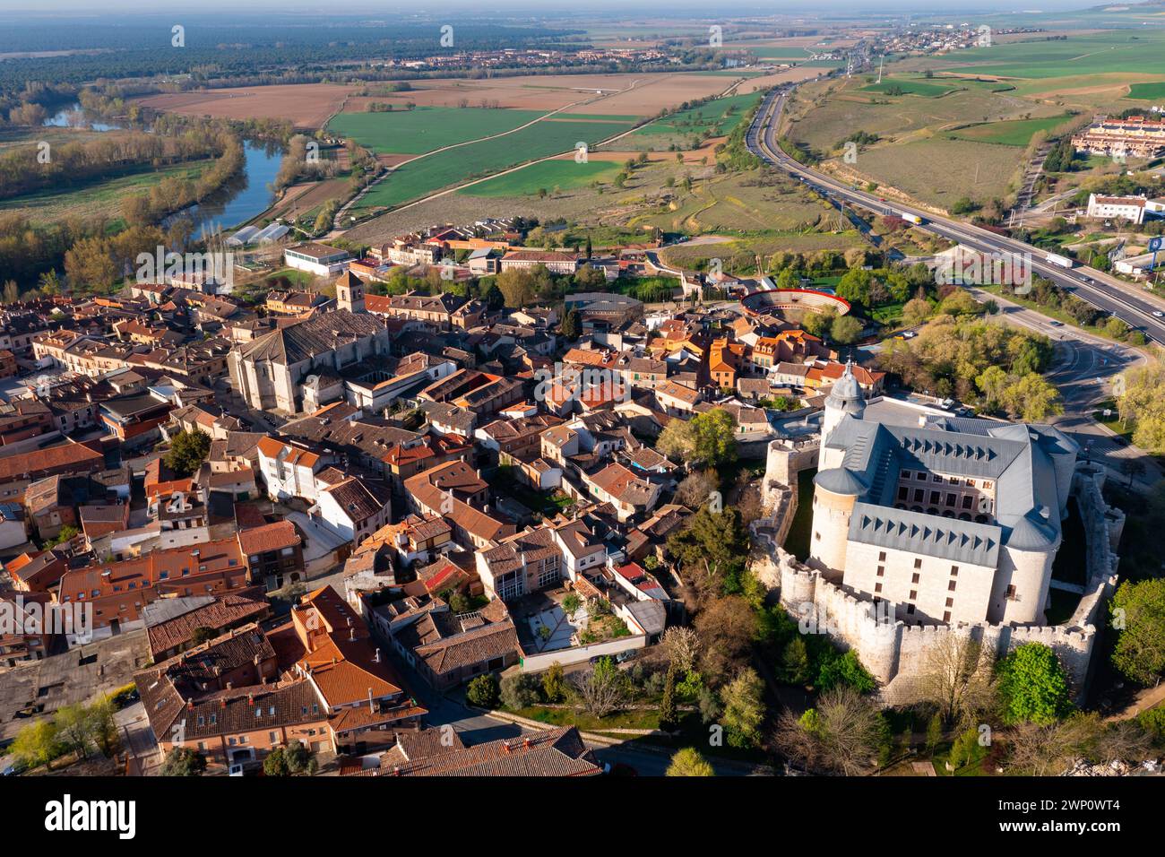 Aerial view of Simancas with church of El Salvador and fortified castle ...