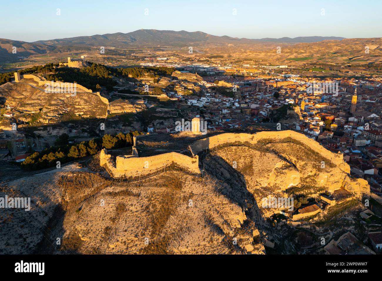 Aerial view of ruins of Mocha tower and fortified walls in Calatayud ...