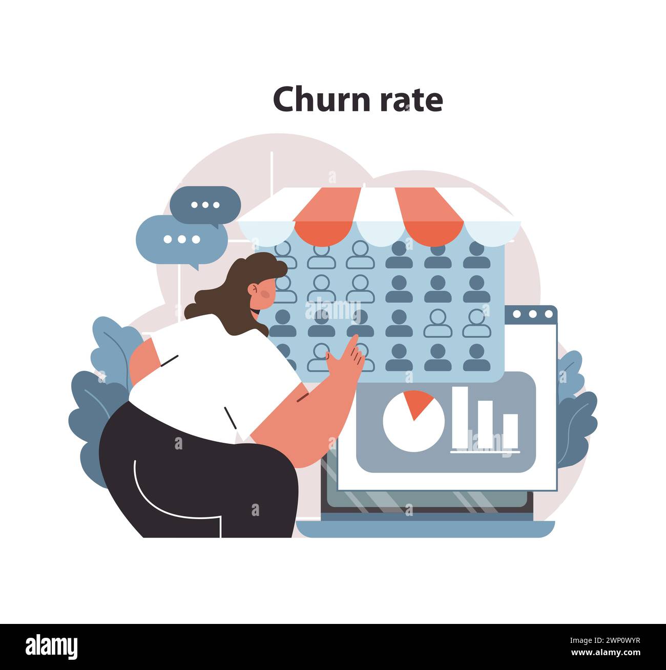 Churn rate analytics concept. Woman studying customer retention metrics ...