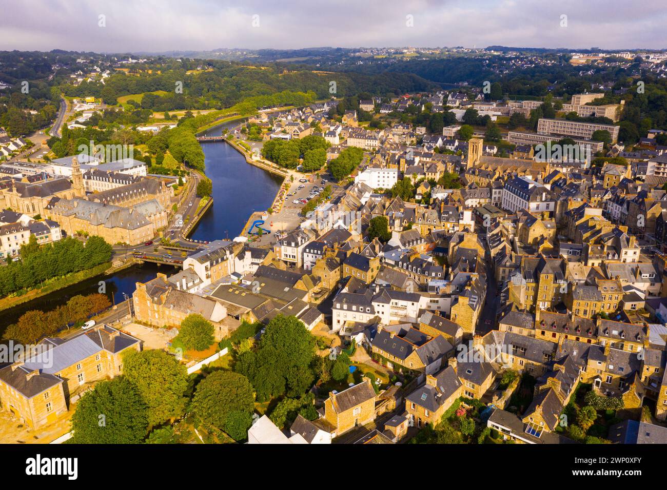Aerial view of Lannion city with buildings and Lege river Stock Photo ...