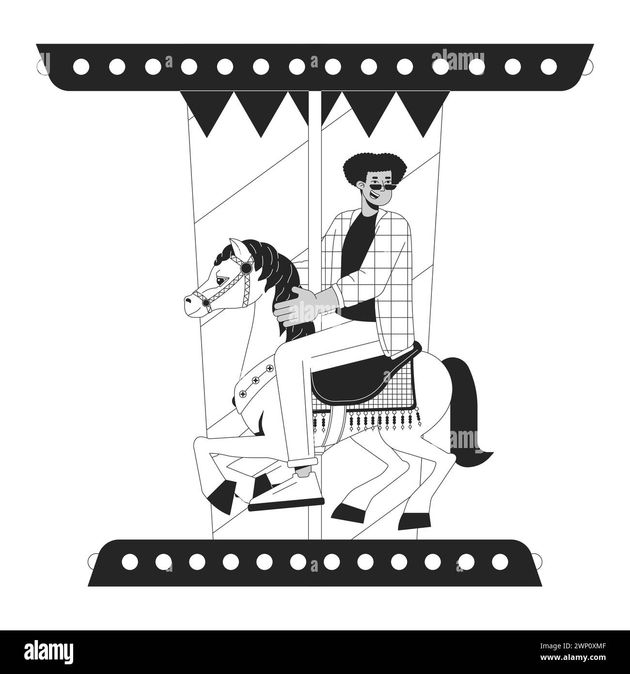 Hispanic young man riding horse carousel black and white 2D line ...