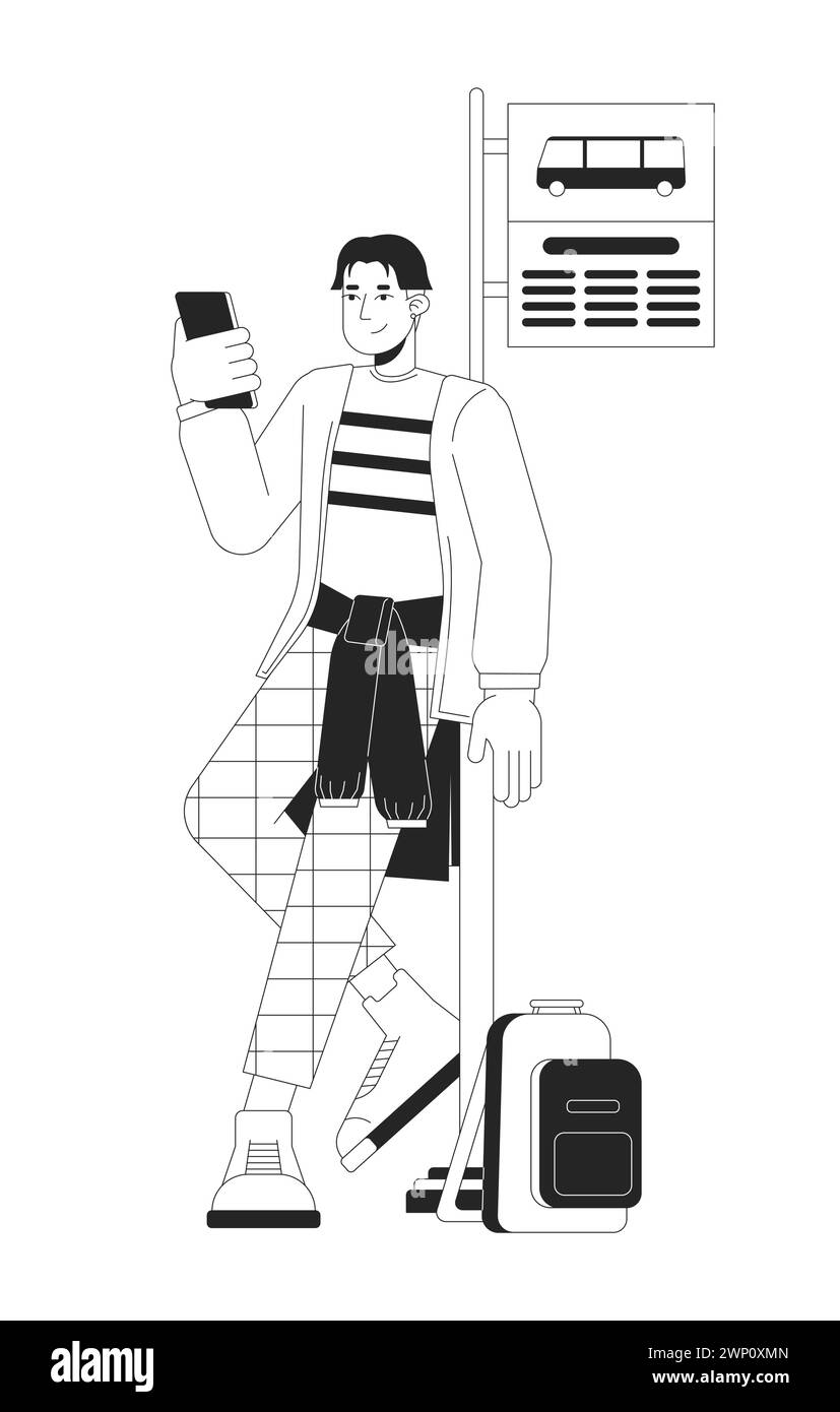 Asian guy leaning on road sign bus stop black and white 2D line cartoon ...