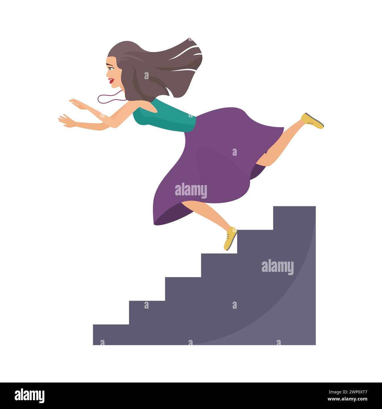 Fall of young woman from stairs, slippery failure, fiasco problem and ...