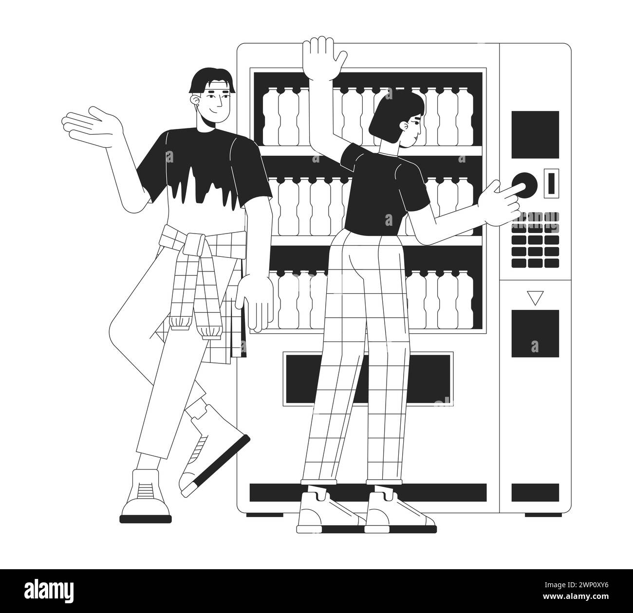 Korean young couple leaning on vending machine black and white 2D line ...