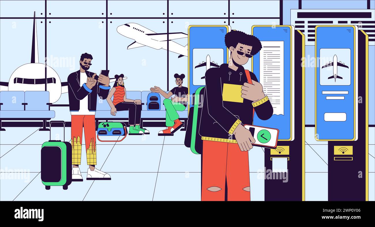 Airport passenger at self check in kiosk cartoon flat illustration ...