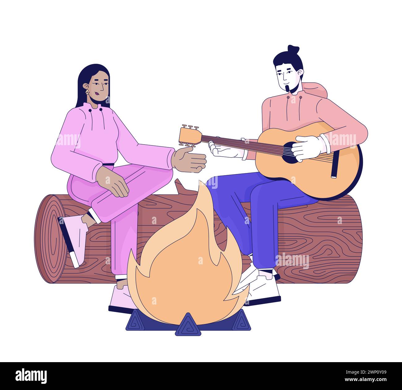 Campfire playing guitar friends 2D linear cartoon characters Stock ...