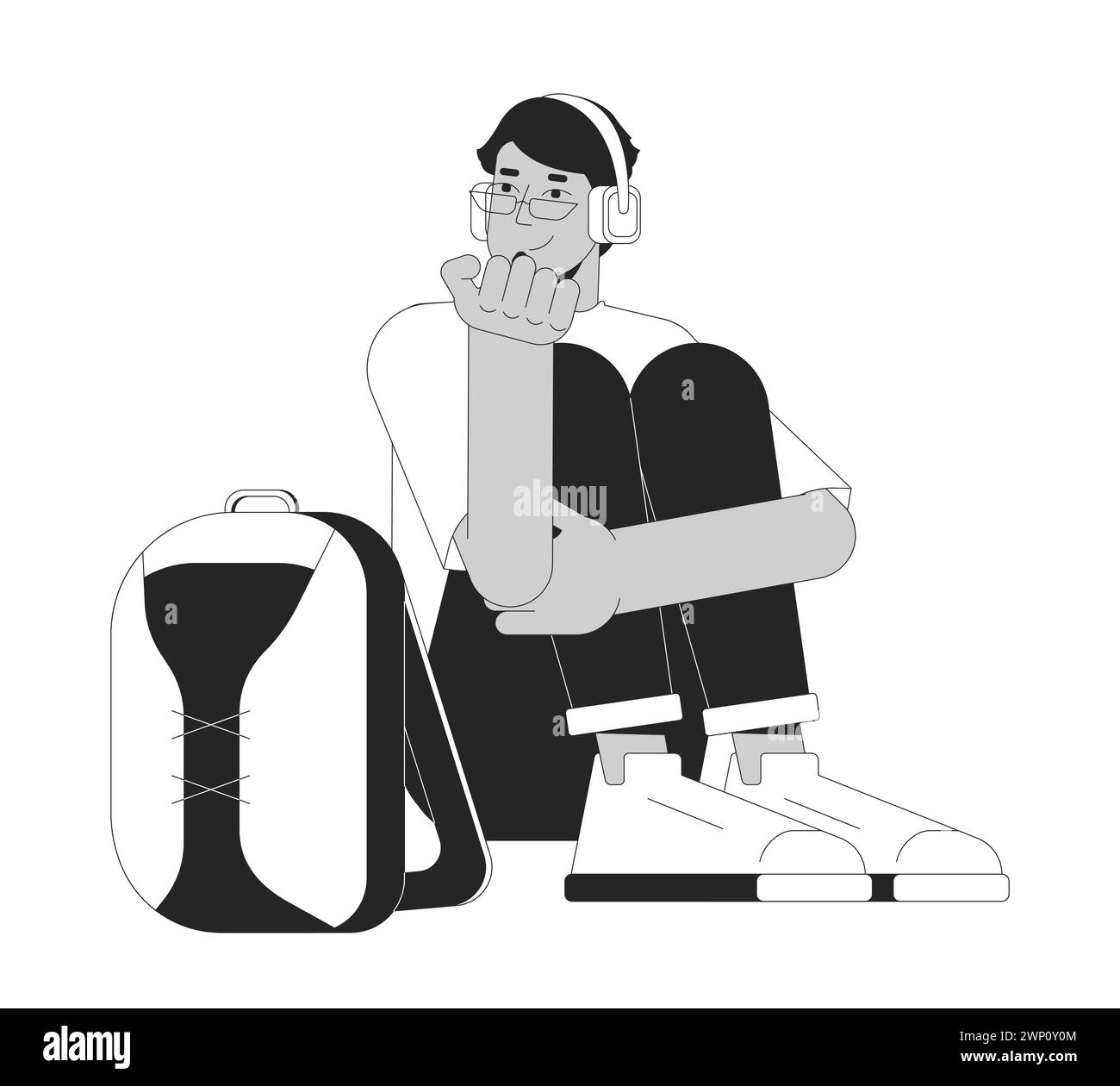 Middle eastern guy headphones sitting with backpack black and white 2D ...