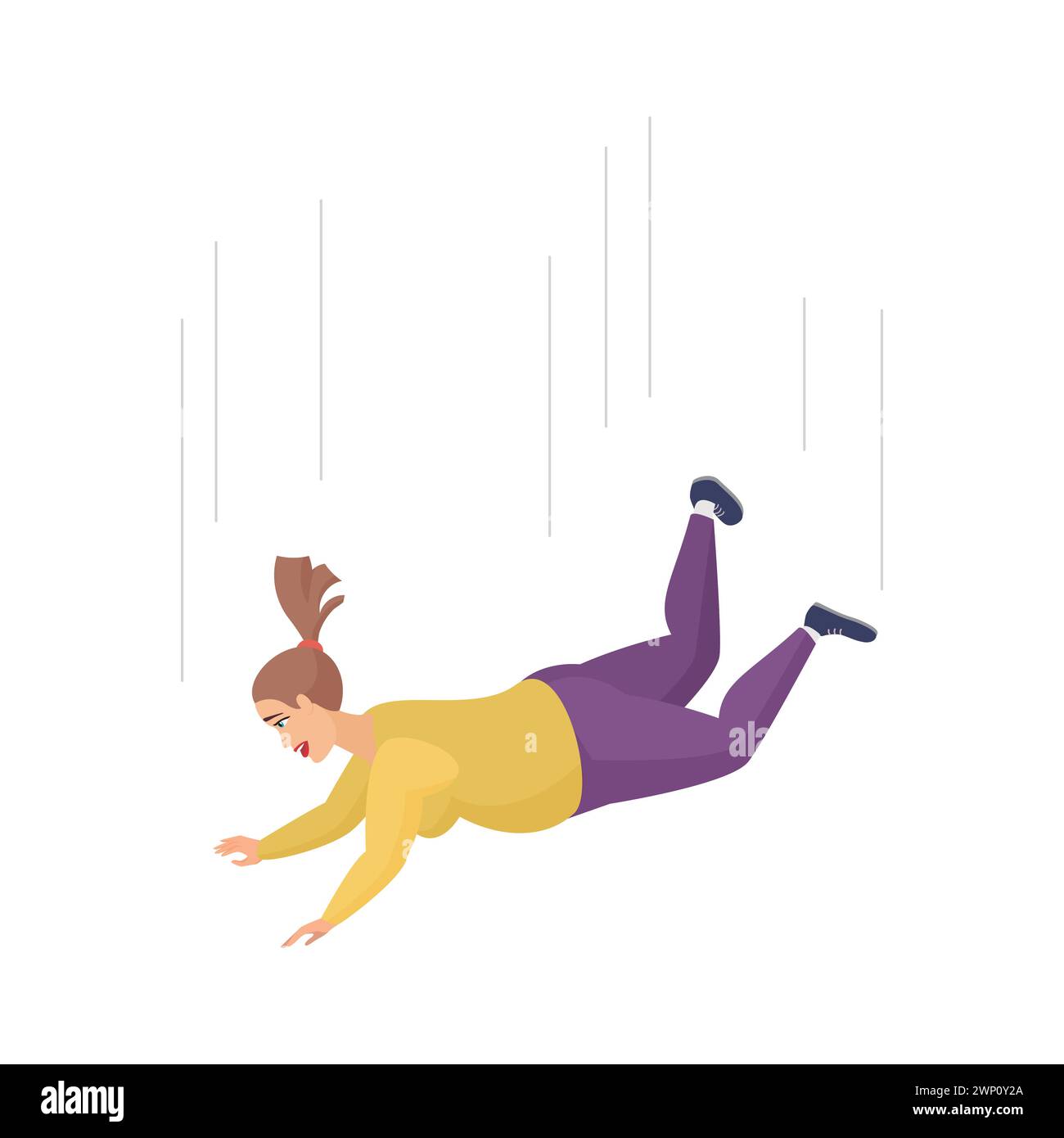 Overweight woman falling down in air with shock and fear expression ...
