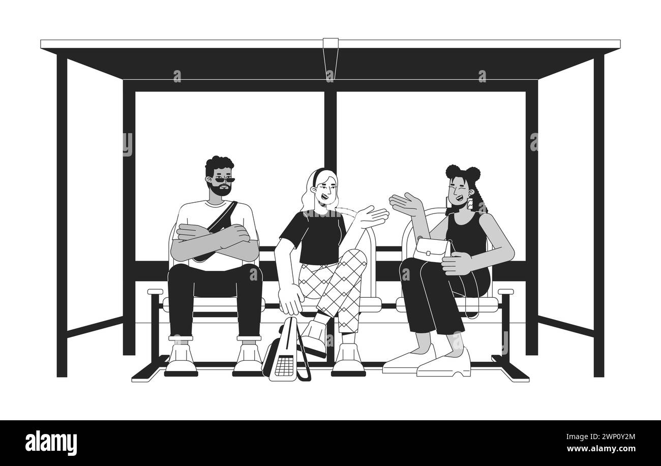Diverse passengers waiting on bus stop black and white 2D line cartoon ...