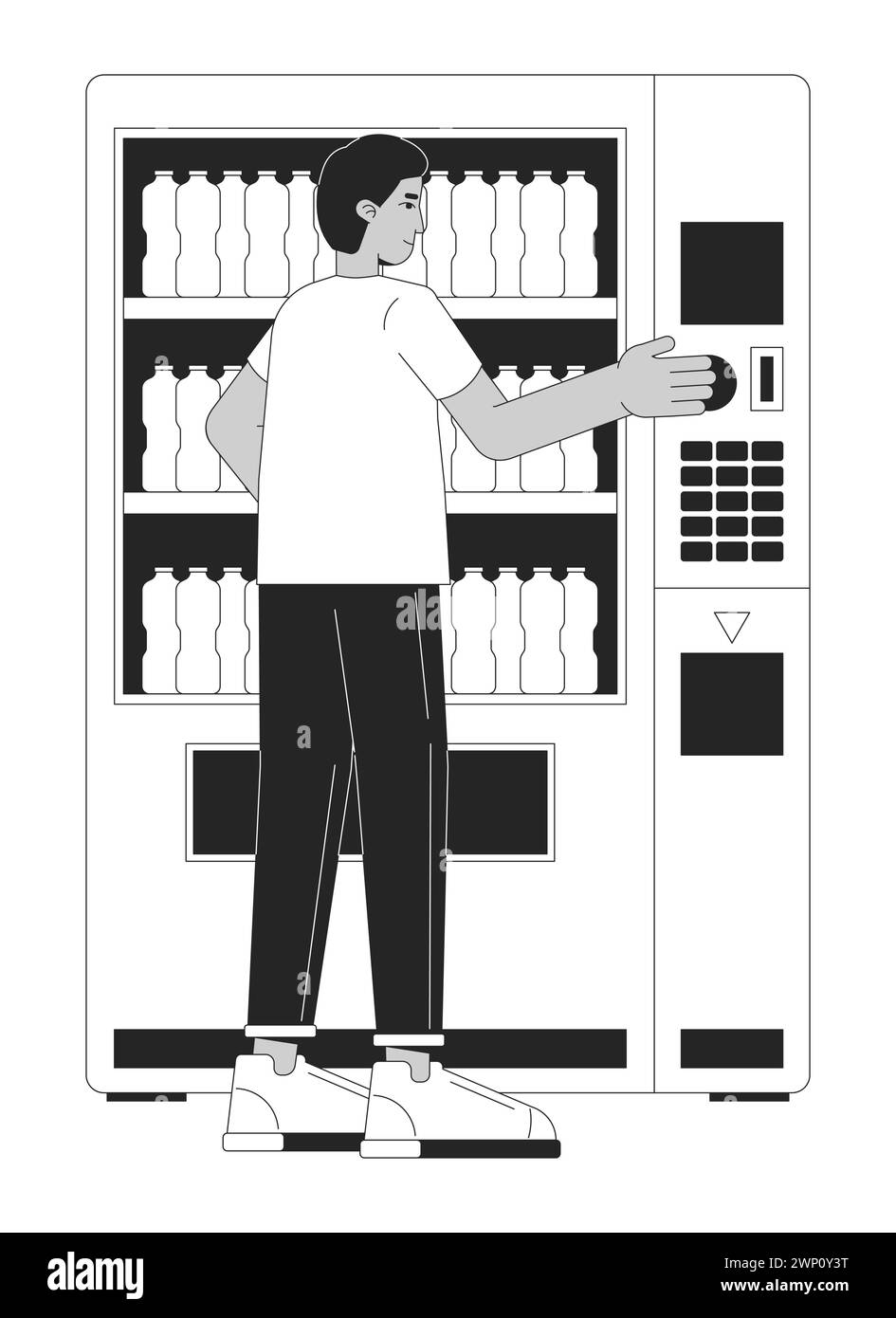 Indian man buying beverage vending machine black and white 2D line ...