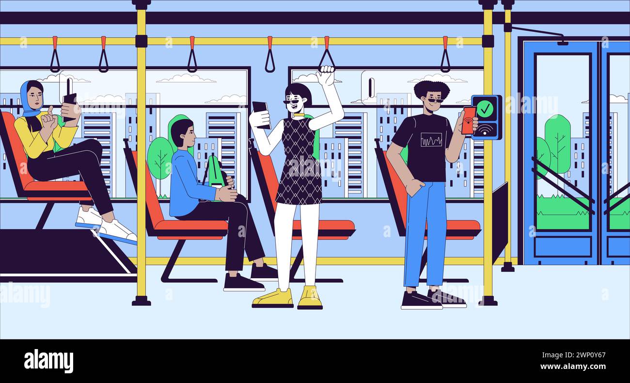 Contactless public transport payment cartoon flat illustration Stock ...