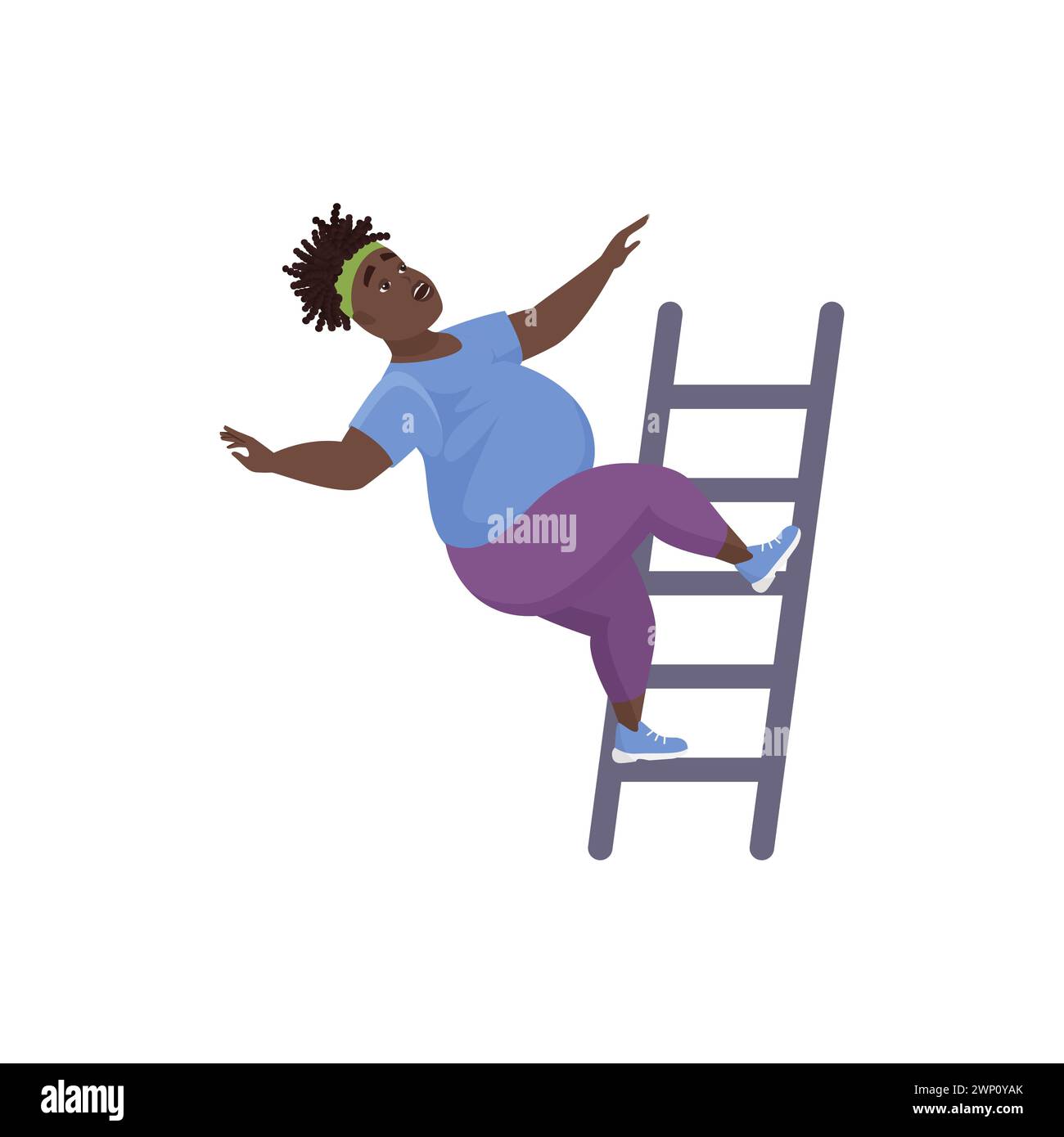 Overweight person climbing up ladder, plus size character stumbling ...