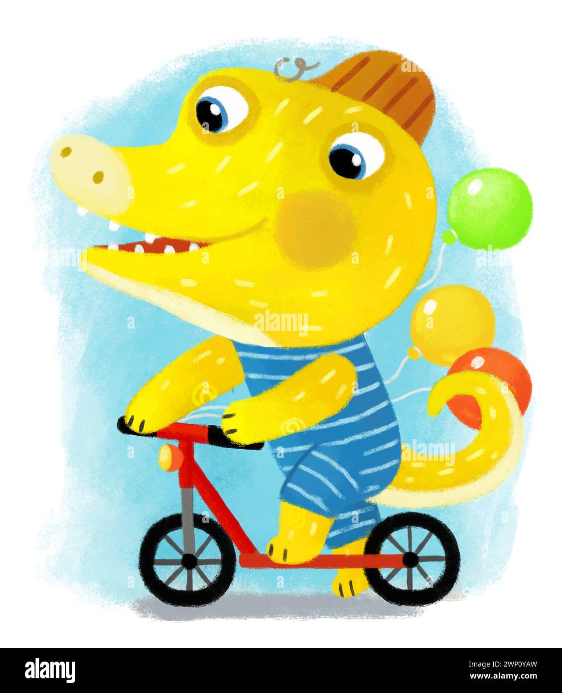 cartoon scene with dino dinosaur or dragon playing having fun riding on a bicycle bike on white ...