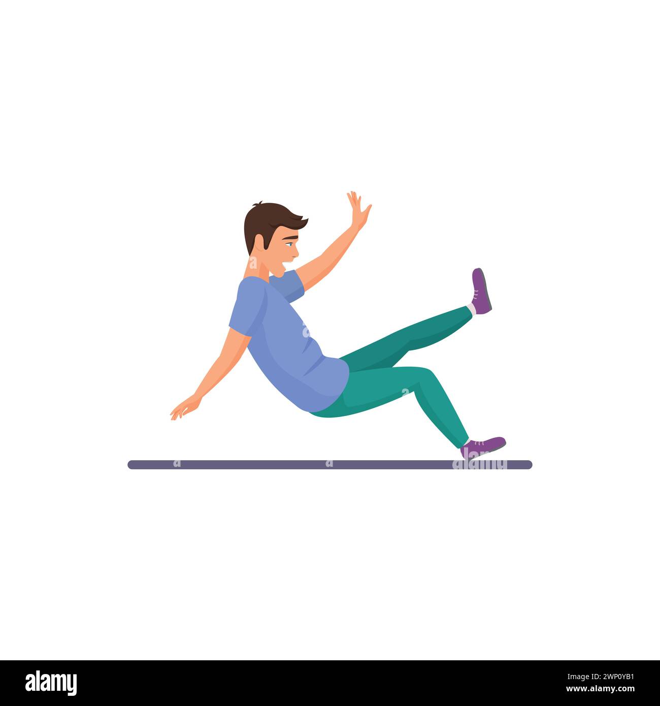 Careless unhappy man running and falling down on slippery surface ...