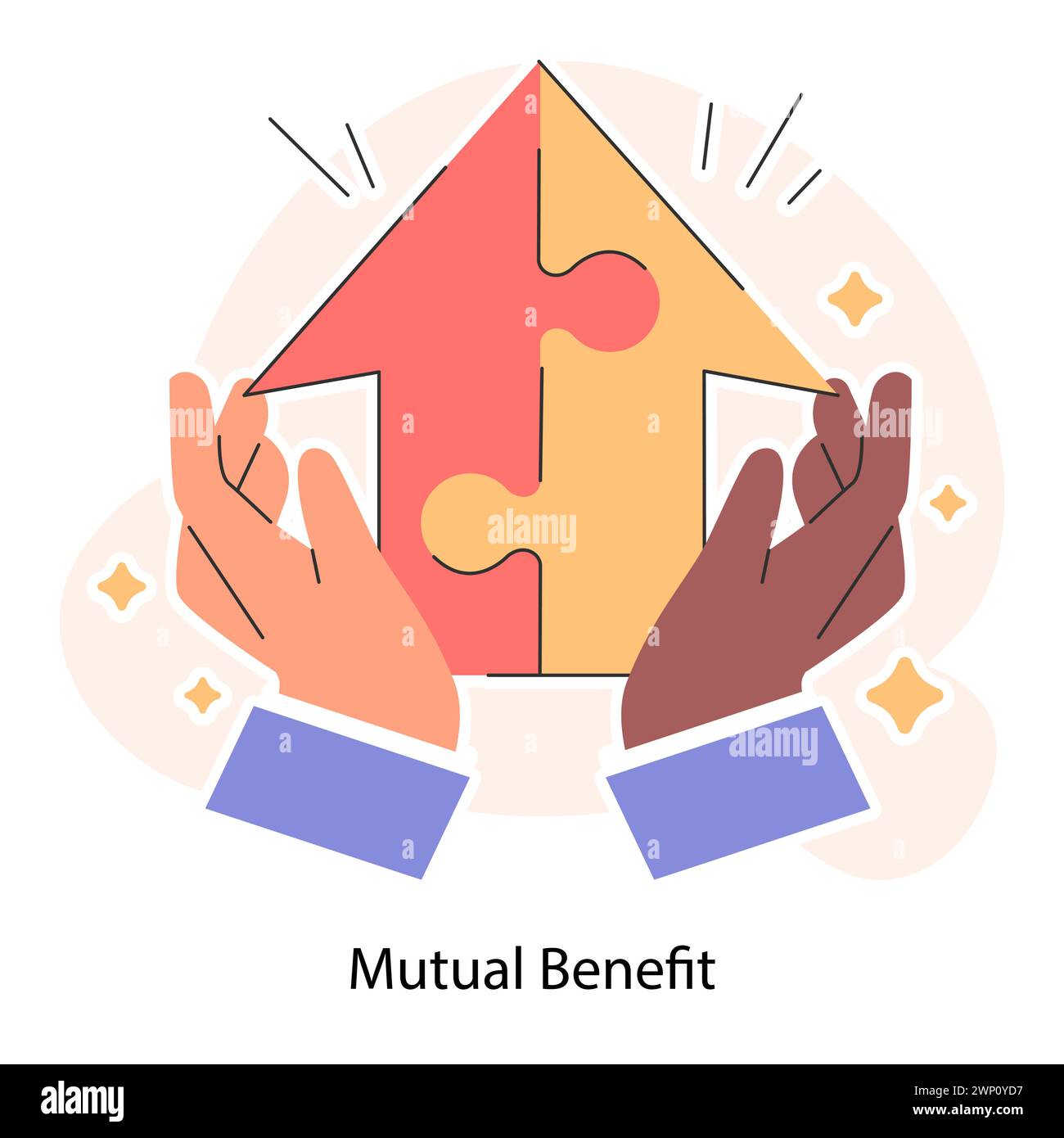 Mutual benefit. Two hands collaboratively form a puzzle arrow ...