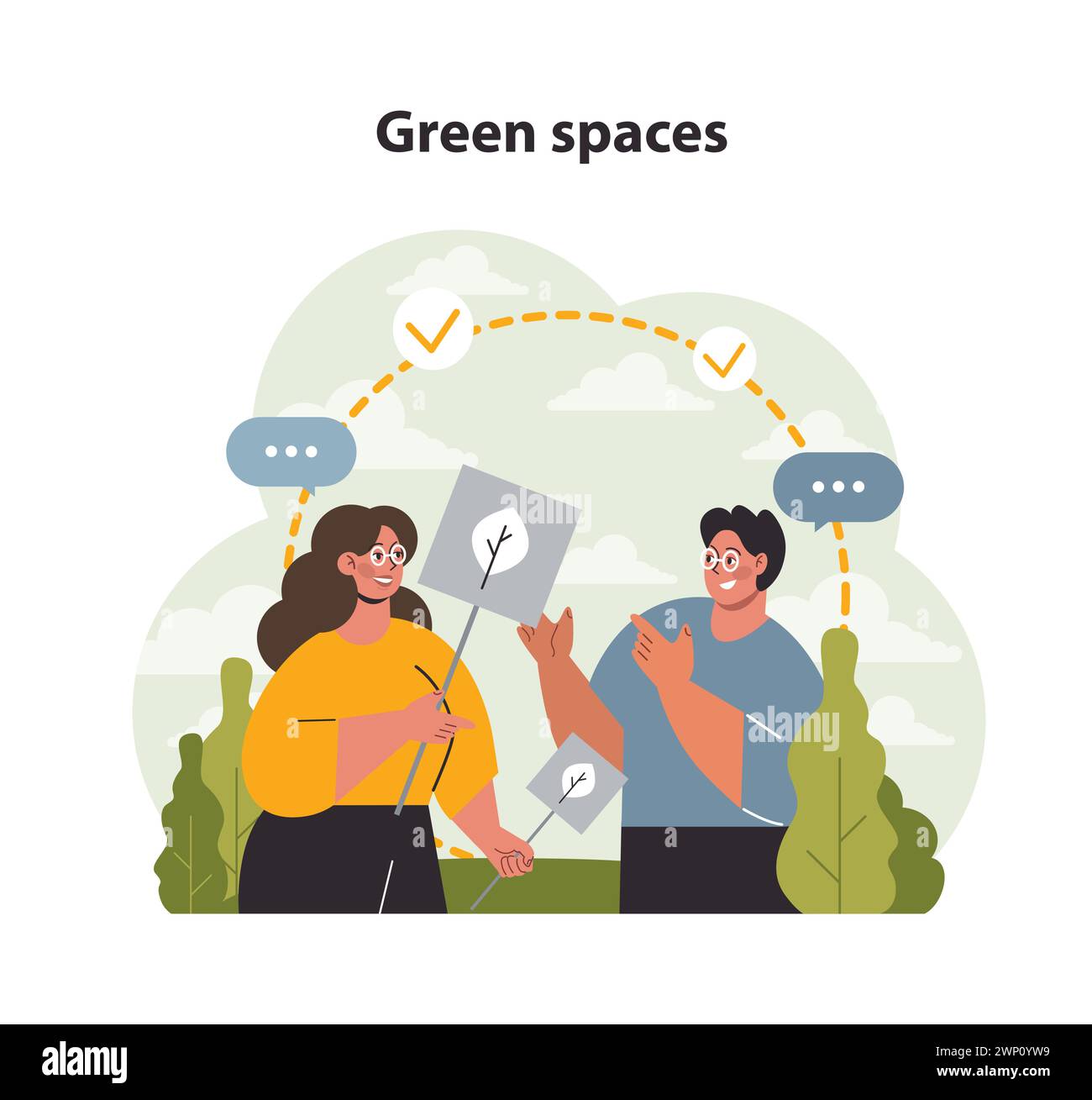 Green spaces concept. Enthusiastic couple promoting eco initiatives, holding signs with plant ...