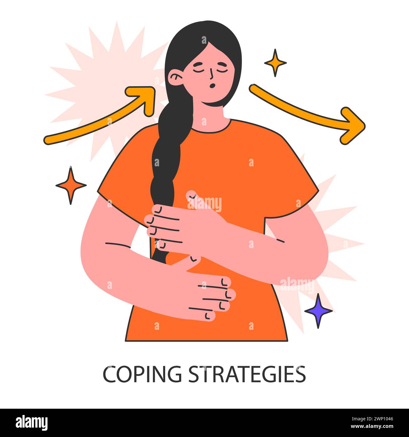 Serene woman embraces herself managing stress and anxiety using coping ...