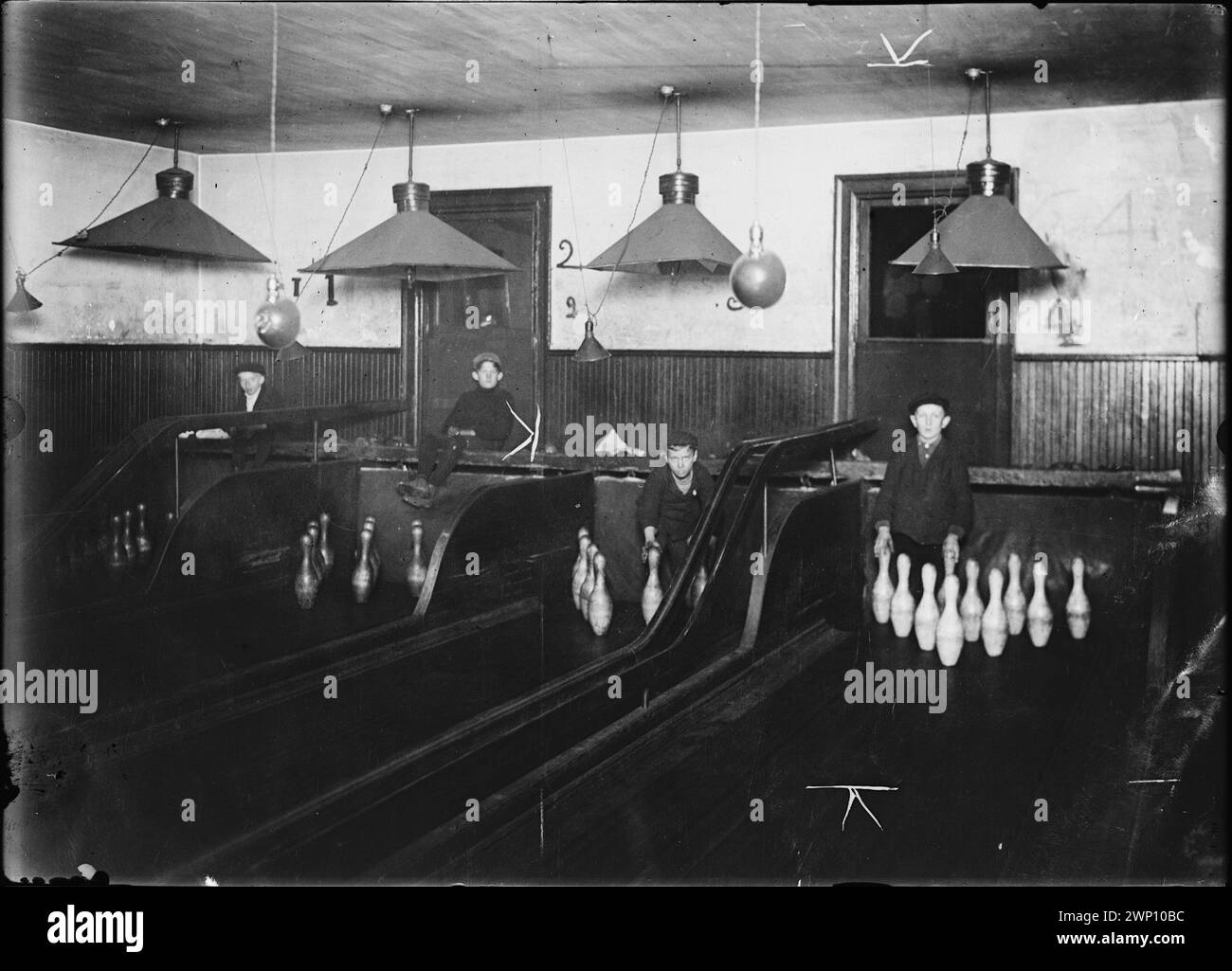 Pin setter boys, pinboys, at a Pittsburgh bowling alley 1908 Stock ...