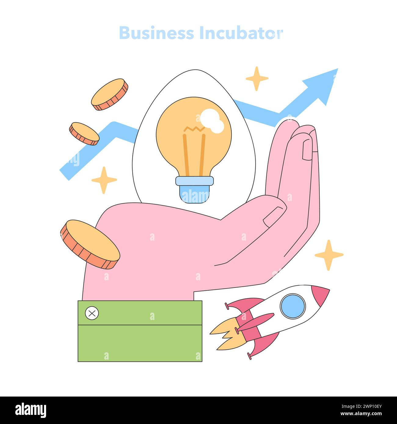 Business Incubator concept. Hand nurtures a bright idea within an egg ...