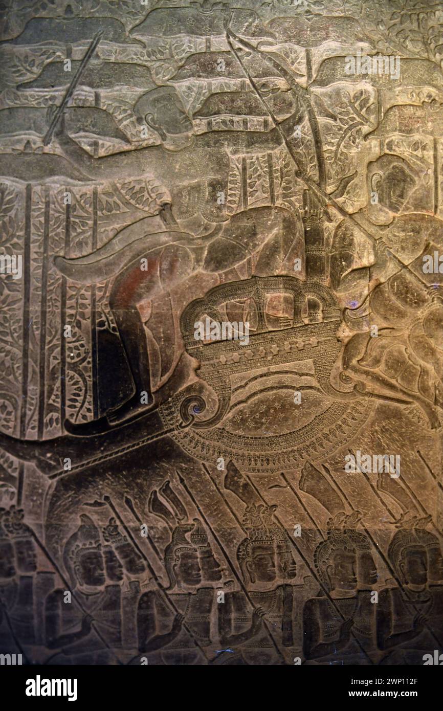 Relief of soldiers going to war, Angkor Wat temple, taken in 1995, Siem ...