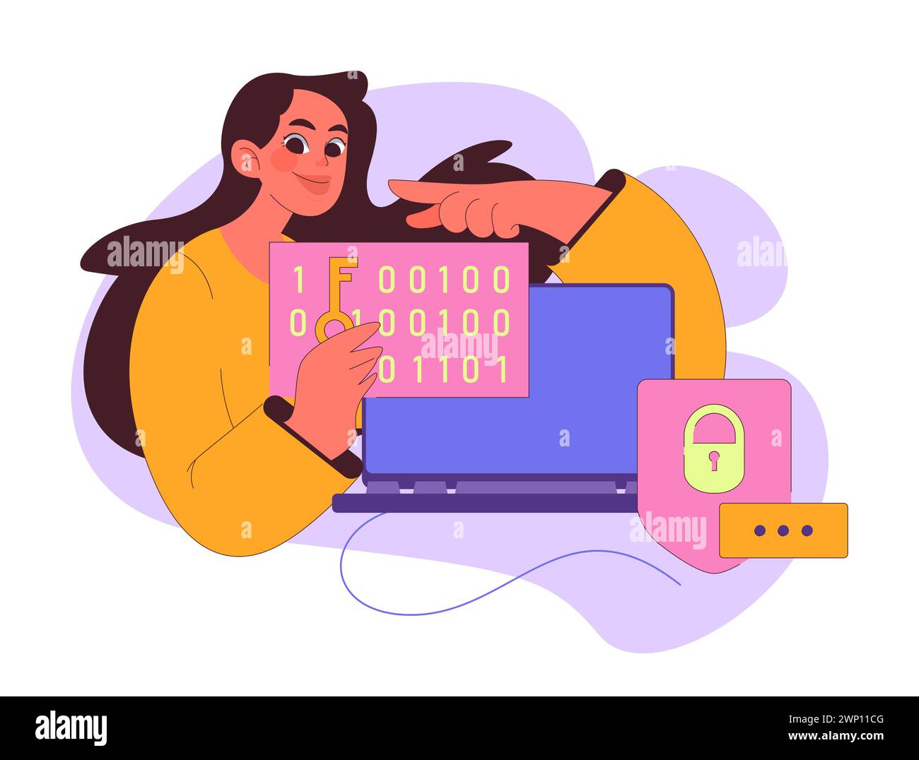 Encryption concept. Enthusiastic woman showcases binary code, highlighting data protection ...