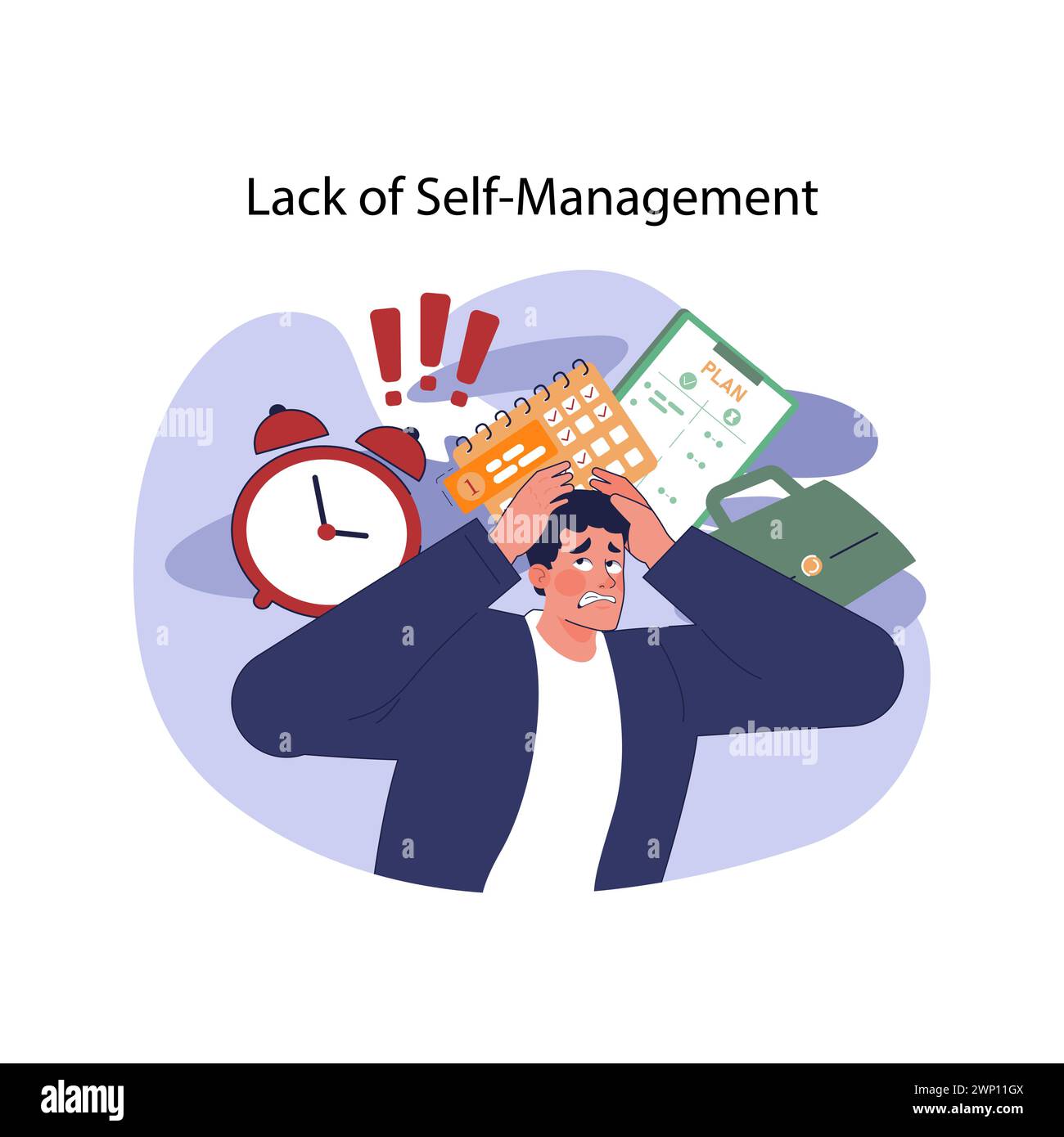 Lack of self-management concept. Overwhelmed man amidst chaos of alarm ...