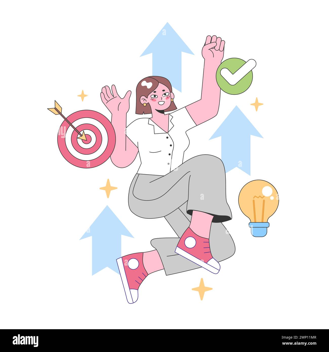 Achieving goals with precision. Energetic woman hits the target ...