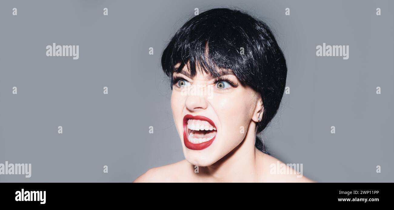 Mouth speech, woman screaming. Pretty girl shouting banner. Human ...