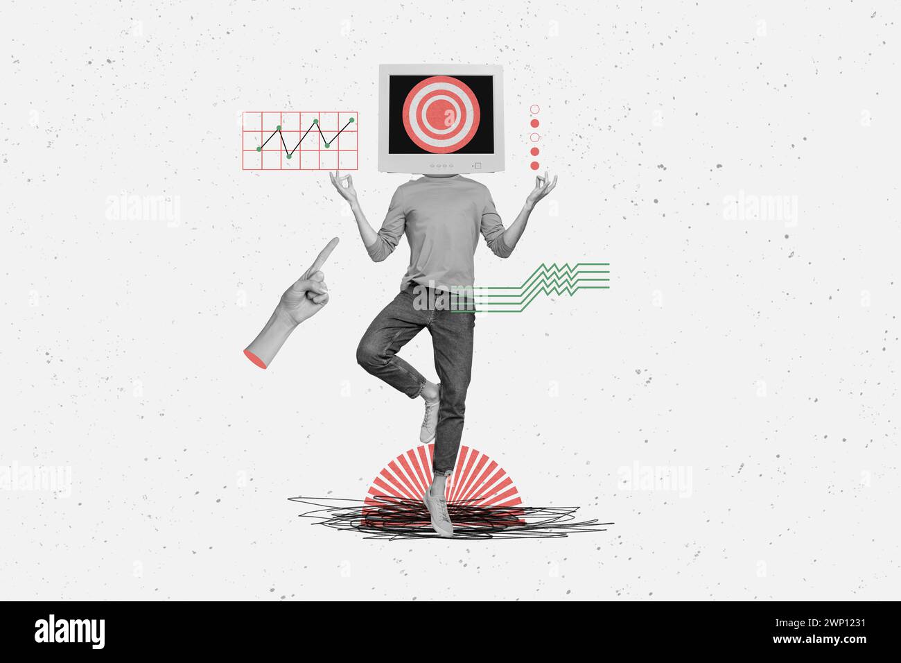 Creative photo collage standing young headless man computer display ...