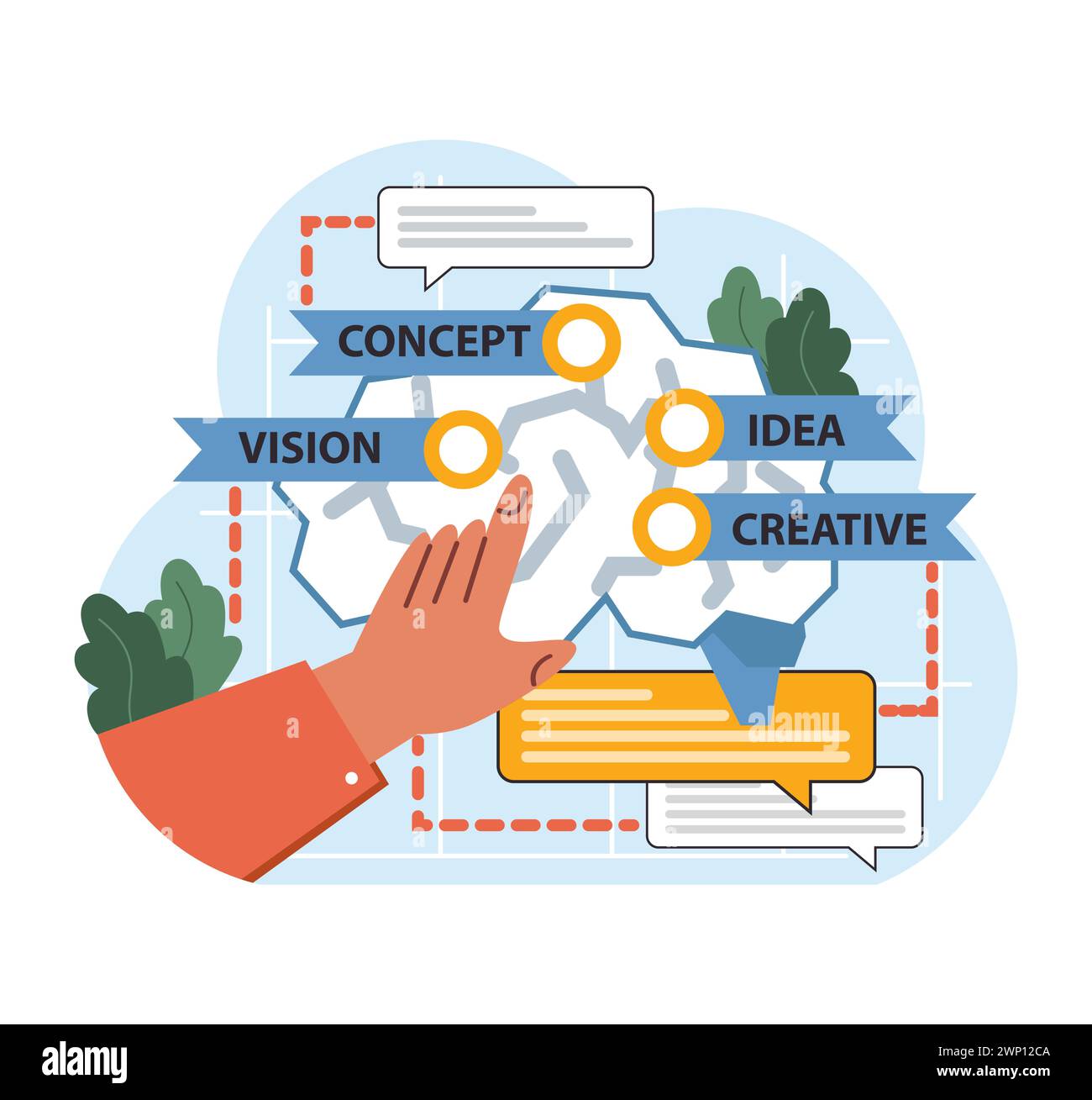 Brainstorming session concept. Hand interacts with interconnected ...