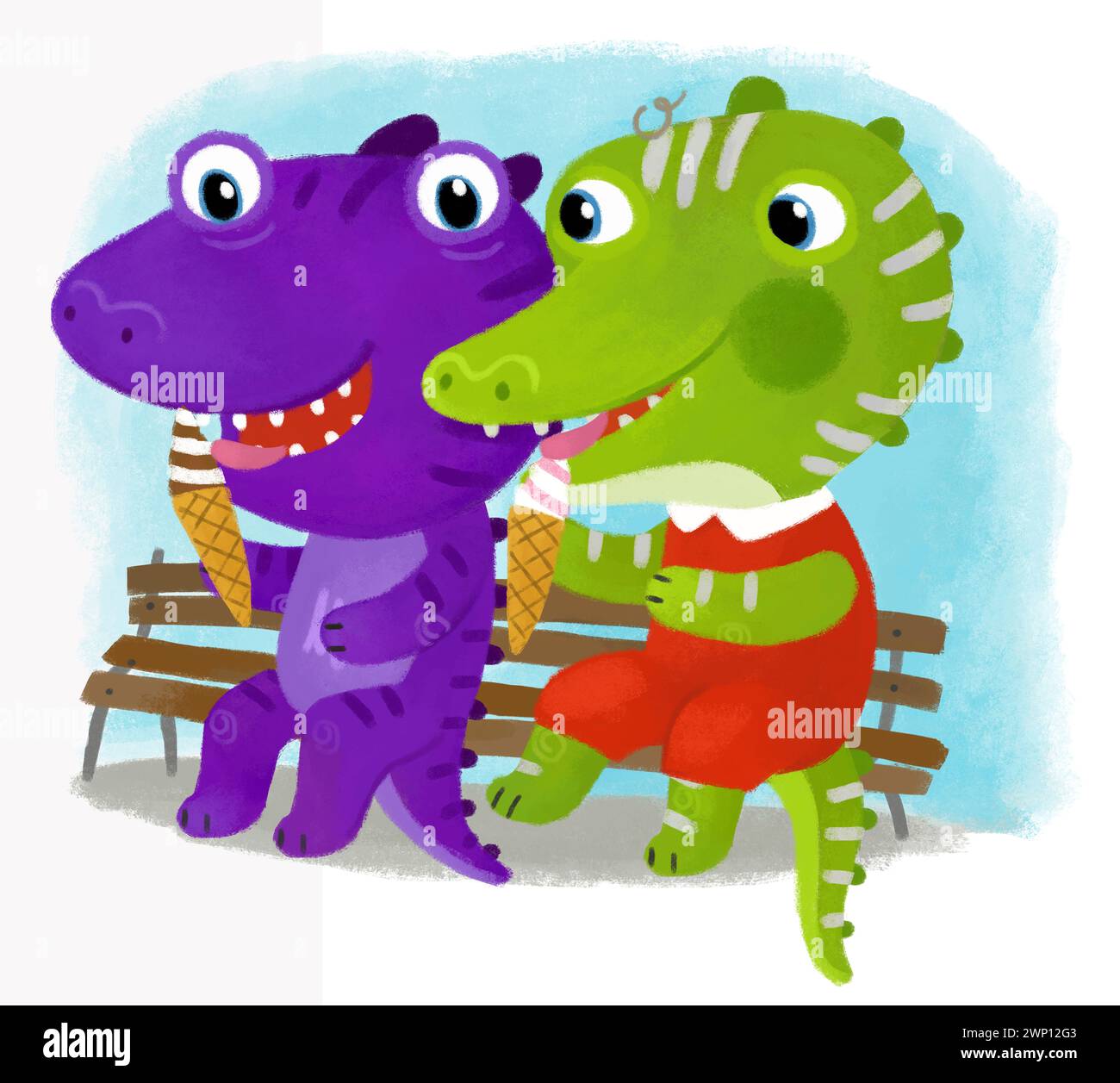 cartoon scene with dinos dinosaurs or dragons playing having fun on a ...