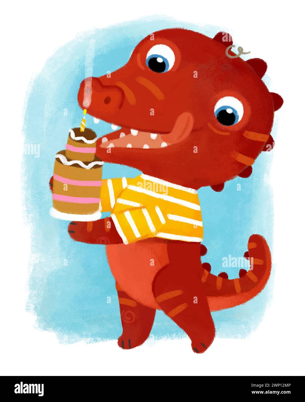 cartoon scene with dino dinosaur or dragon playing having fun on his ...