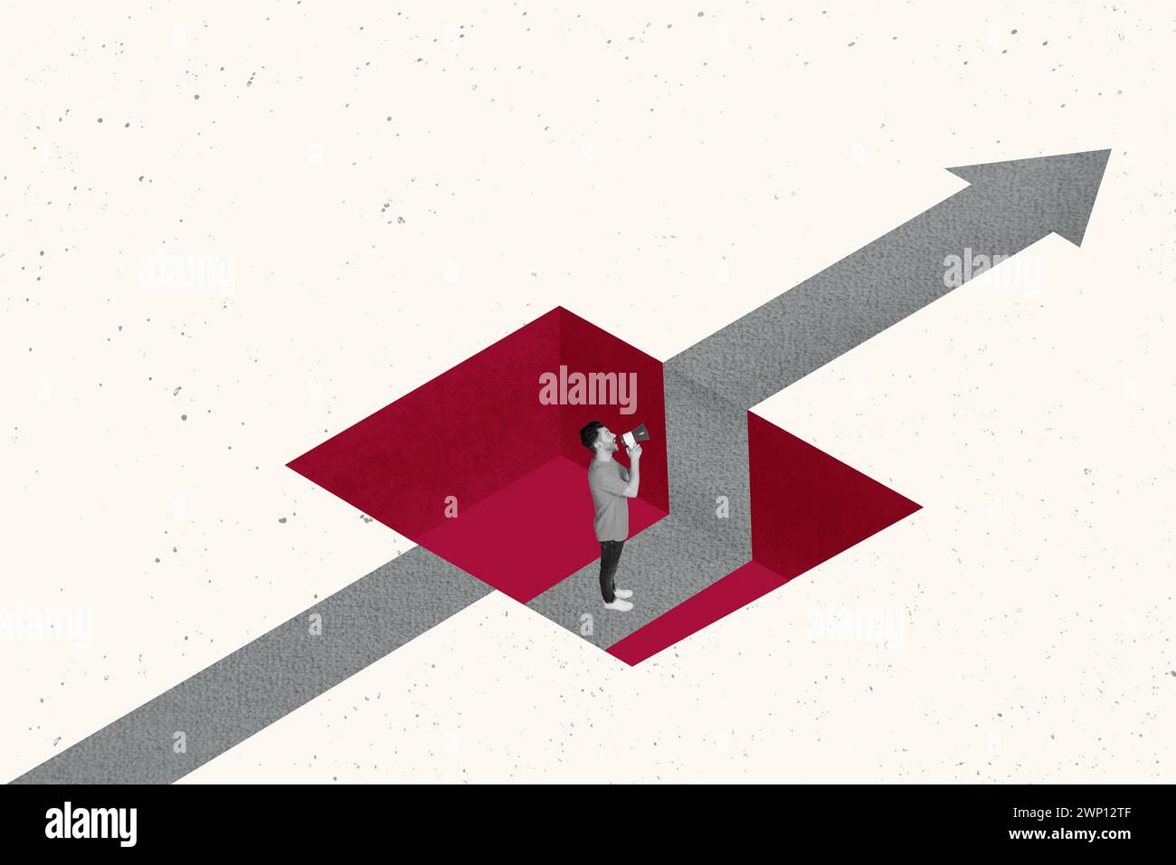 Creative photo collage young man stuck hole cross obstacle overcome ...