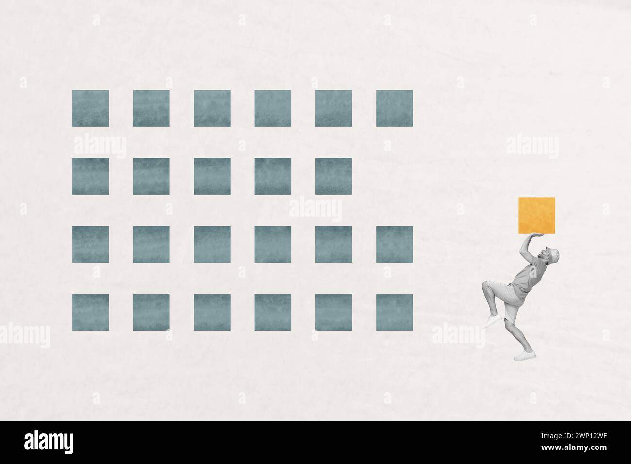 Creative photo collage picture young man pushing carry cube match ...