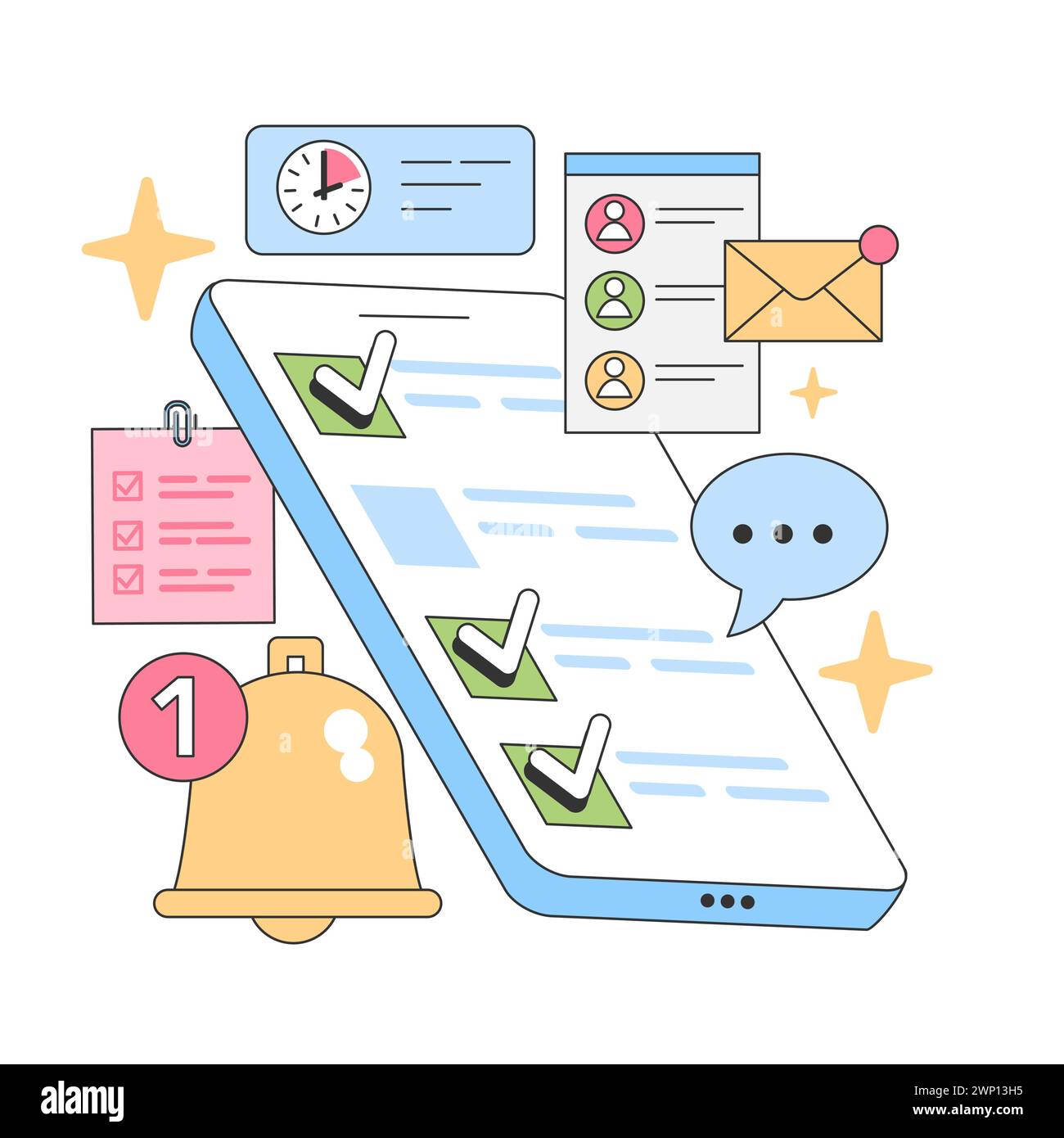 Organized mobile task concept. Smartphone displays reminders, messages ...