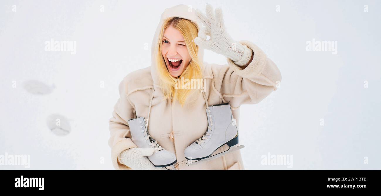Winter banner. Crazy comical face show OK. Love winter. Funny smiling ...